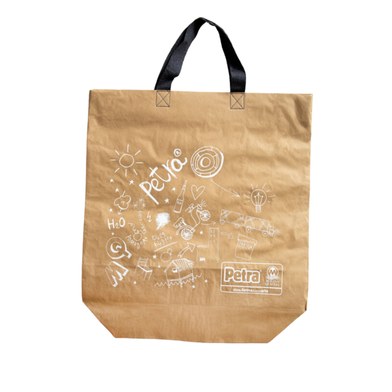 BORSA DI CARTA COLOR AVANA CON MANICI IN TESSUTO GRIGIO